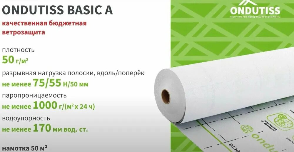 Влаго-ветрозащитная пленка ONDUTISS (Ондутис) BASIC A мембрана для стен и кровли ондутис (50м2) бейсик А