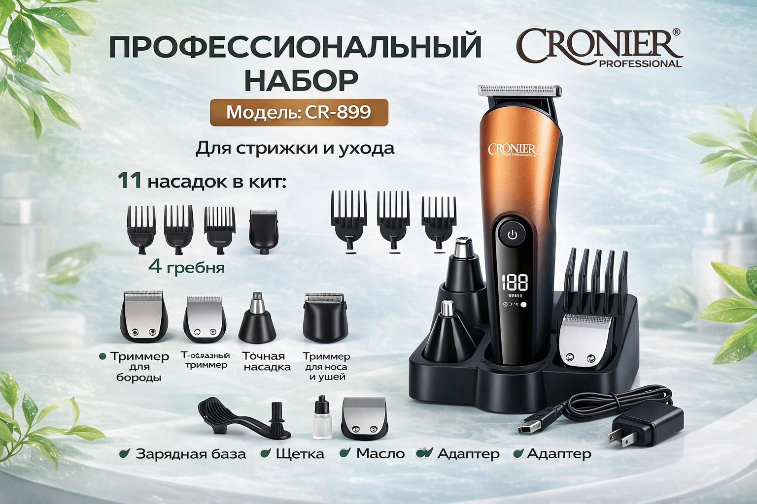 Профессиональный триммер Cronier CR-899 11-в-1 для бороды, волос, носа и тела