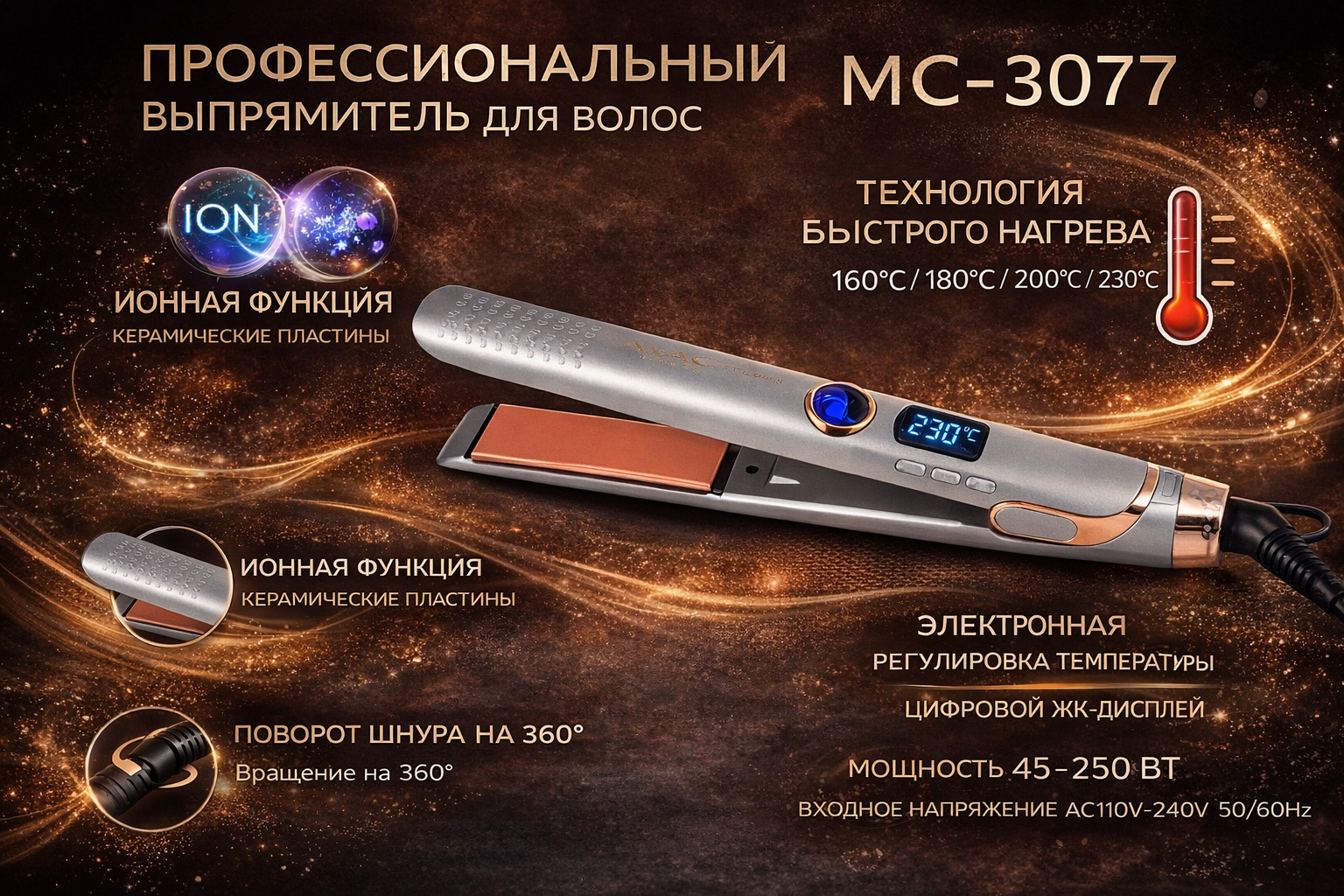 Профессиональный выпрямитель для волос MC-3077 с ионной функцией, керамическими пластинами и LCD-дисплеем