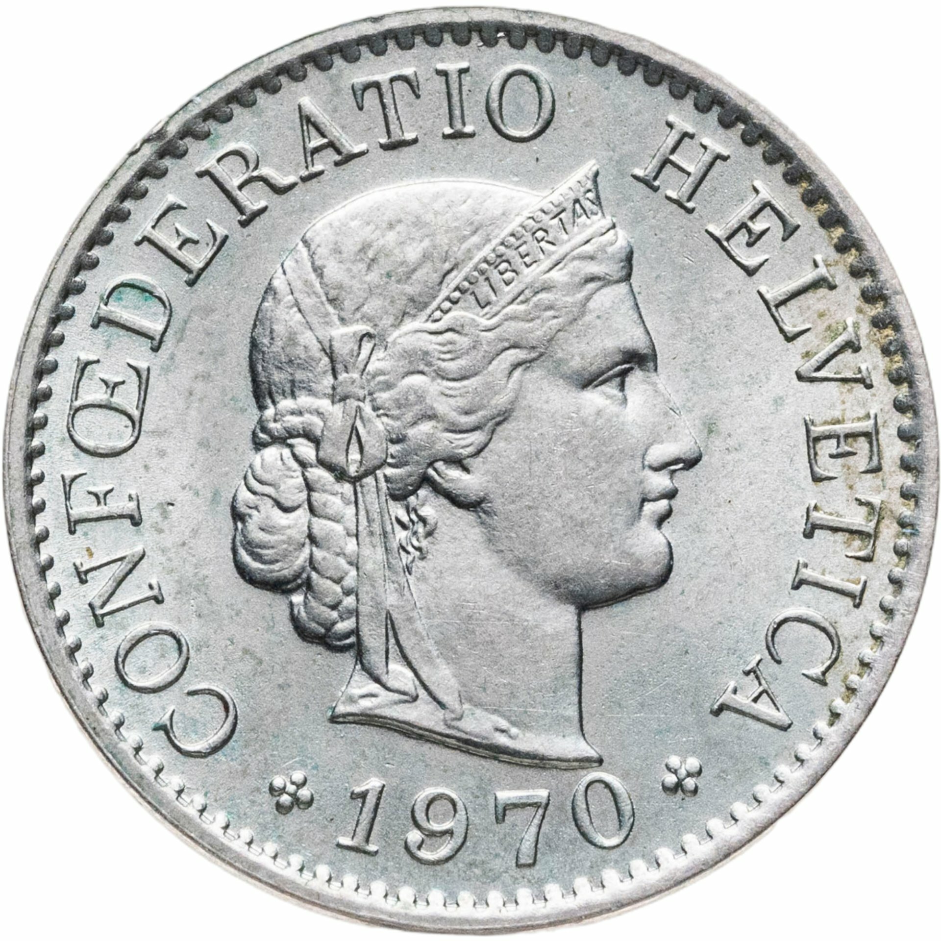 Швейцария 5 раппенов 1970, Мельхиор медь-никель, в сохранности UNC