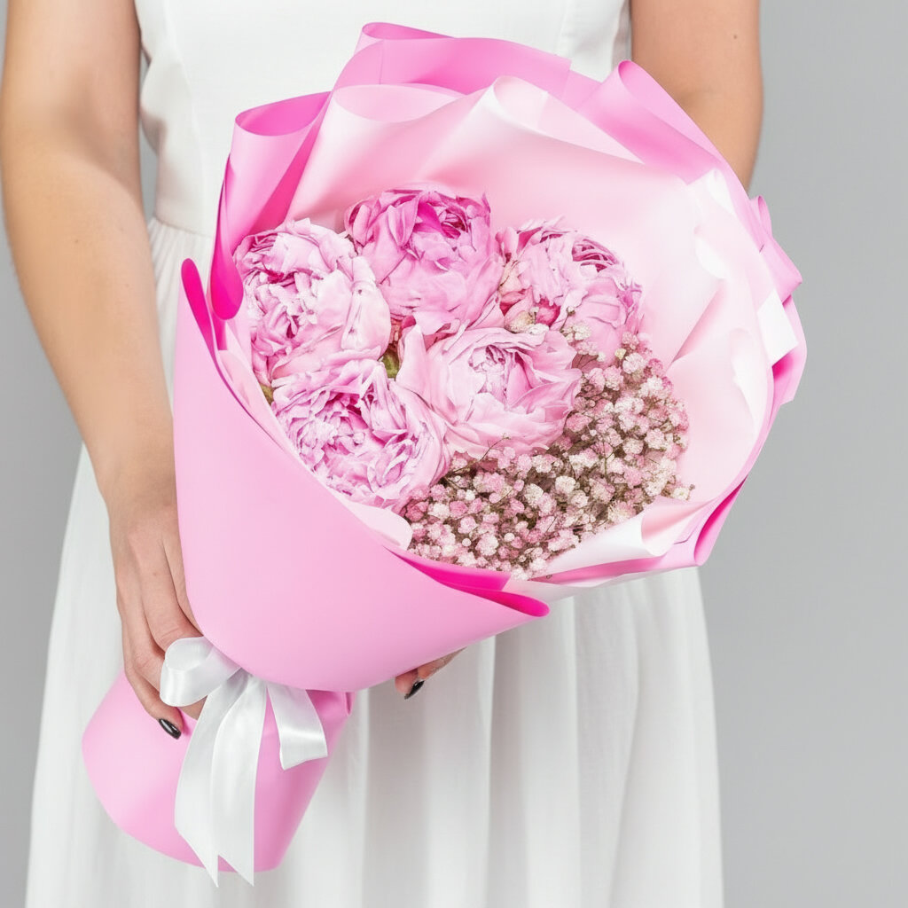 Дуо-букет Мегацвет24, "Пионы и гипсофилы", розовый, дизайнерская упаковка