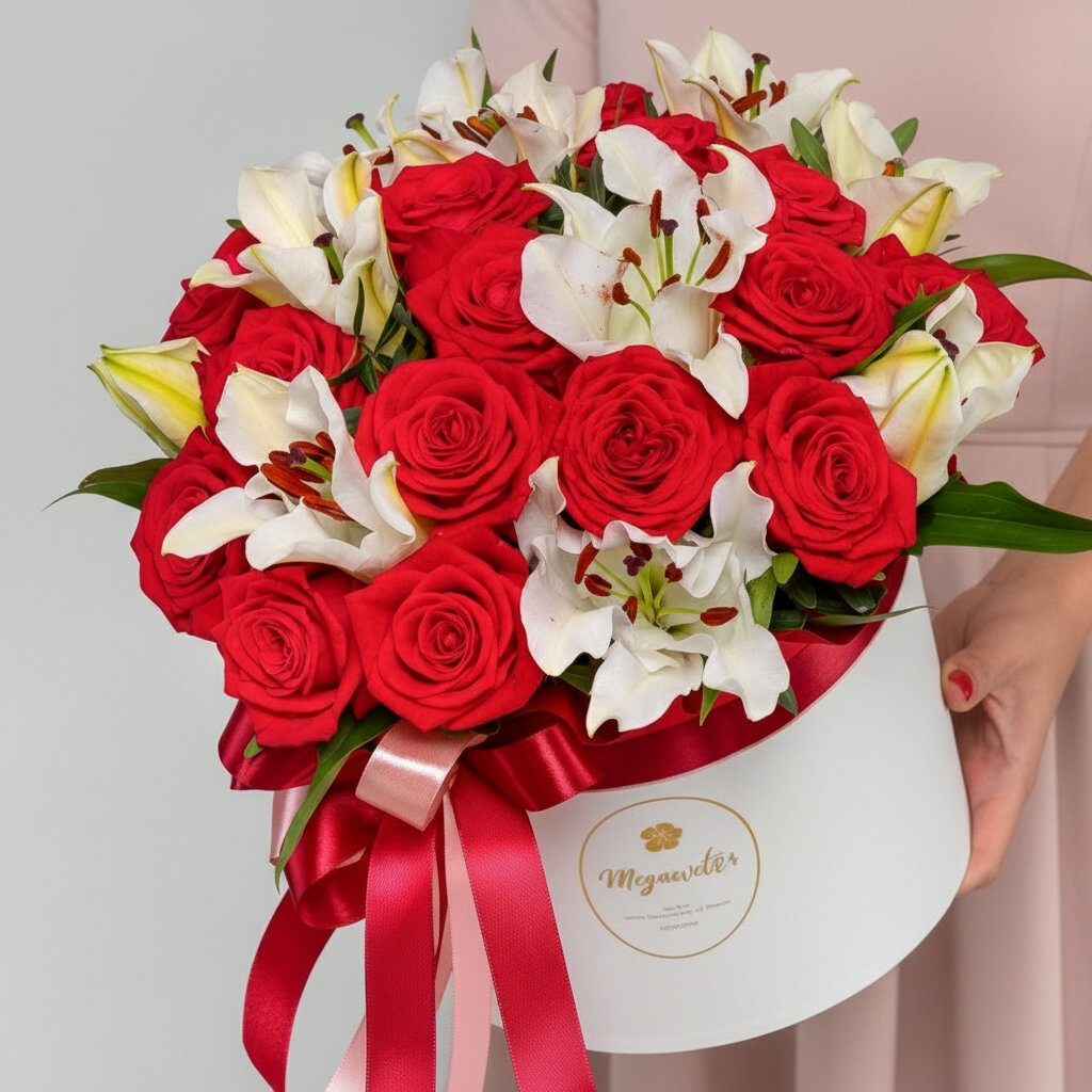 Дуо-букет Мегацвет24 "Восхищение", роза и лилия Восточная, в шляпной коробке