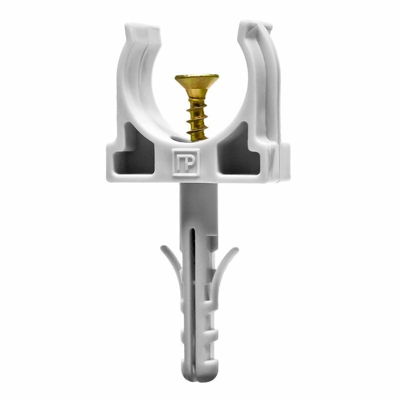 Держатель для труб (клипса) d20мм с дюбелем и саморезом сер. Промрукав PR13.0216