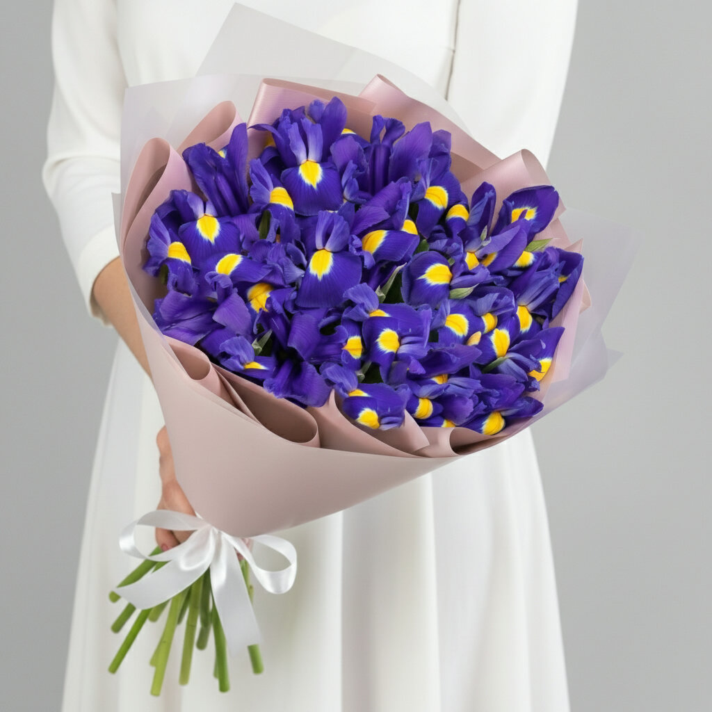 Букет Мегацвет24 "Ирисы", 15 цветов, синие, дизайнерская упаковка