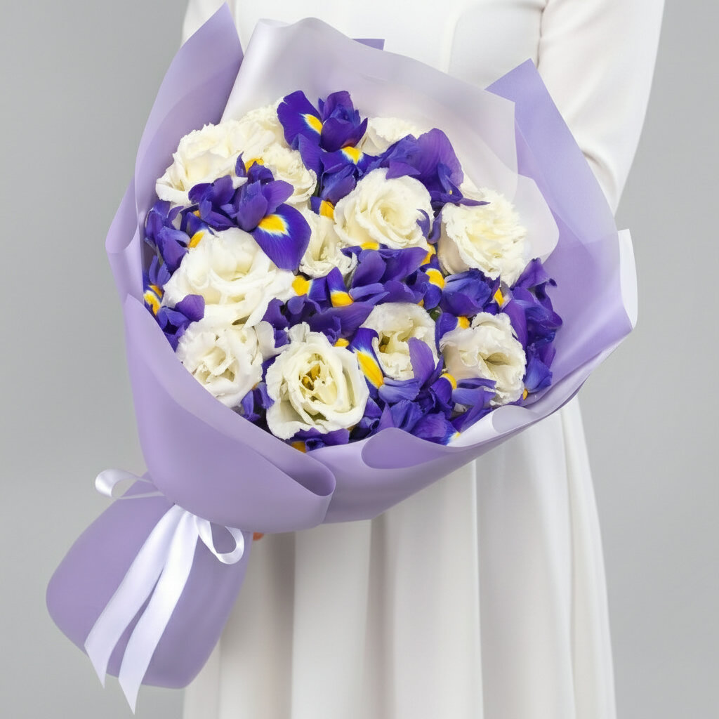 Дуо-букет Мегацвет24 "Эустомы и ирисы", сборка на стеблях, дизайнерская упаковка