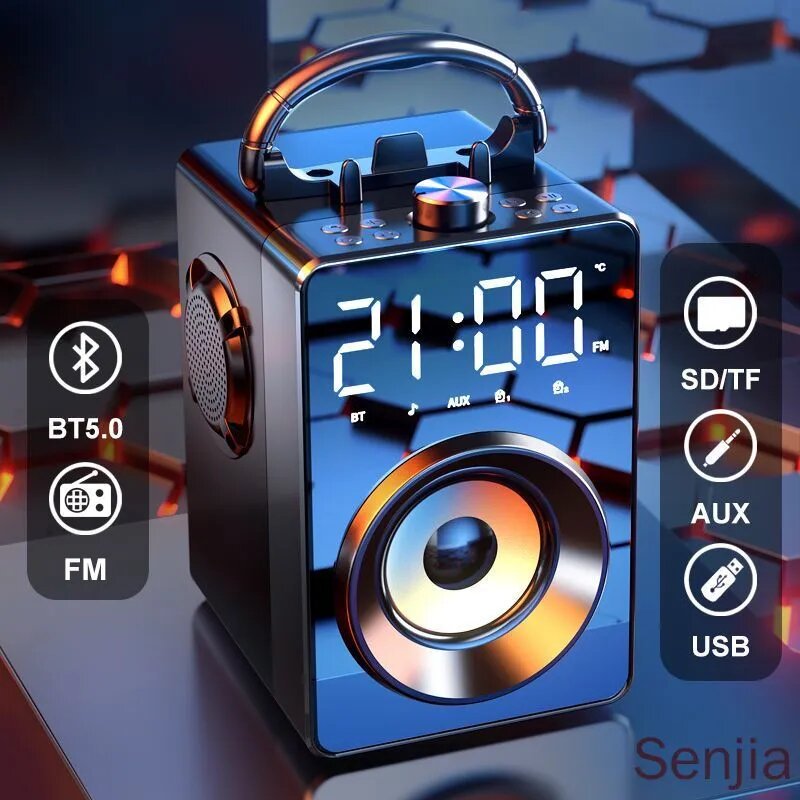 Зеркальная Bluetooth-колонка с ручкой, FM-радио и поддержкой USB/TF/AUX. Мощный звук для улицы и вечеринок.