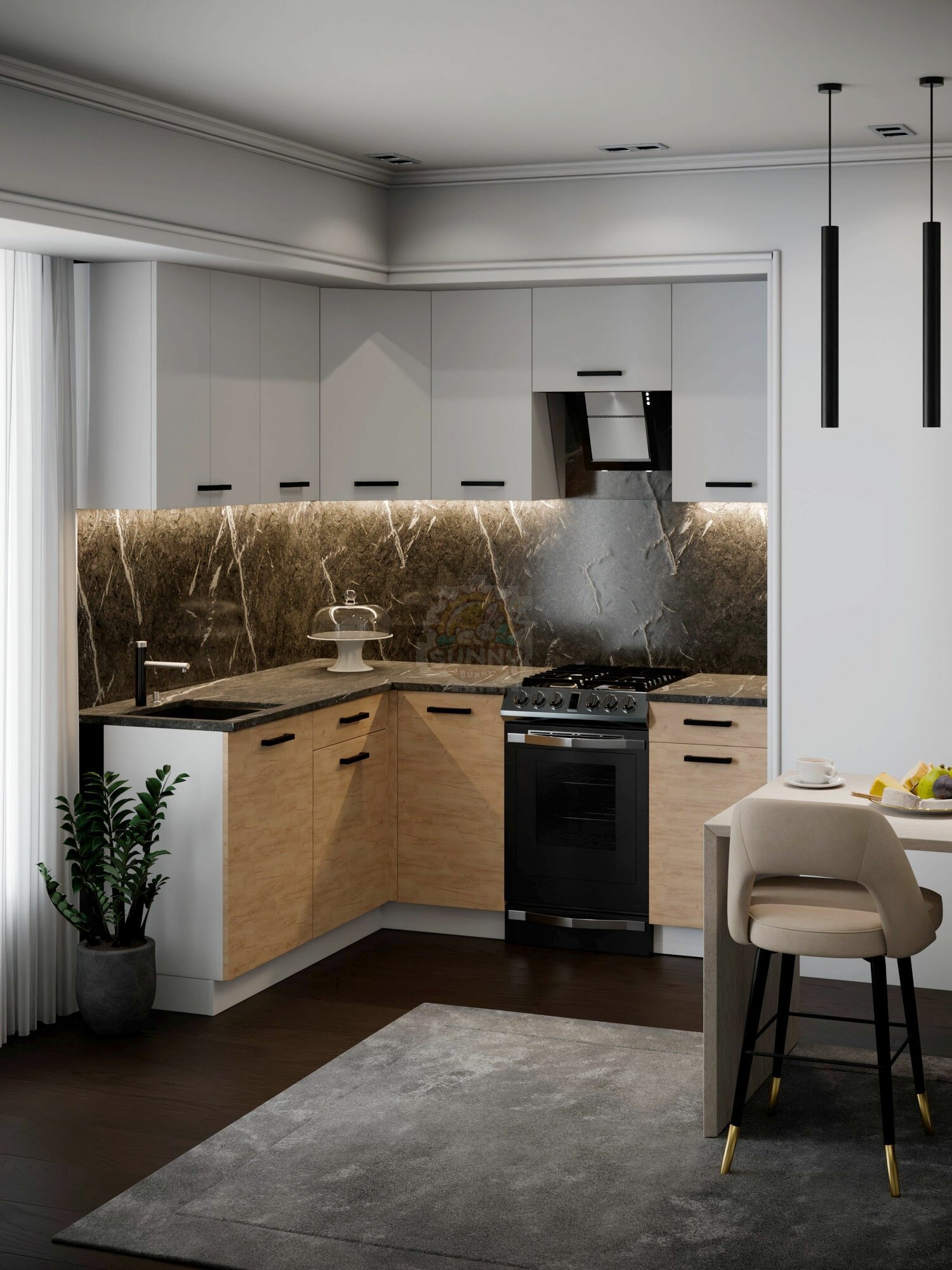 Кухня модульная угловая со столешницей Мария, 160 х200см, Белый гладкий/Дуб Вотан ЛДСП, 180х200х60см, столеш-а 60см