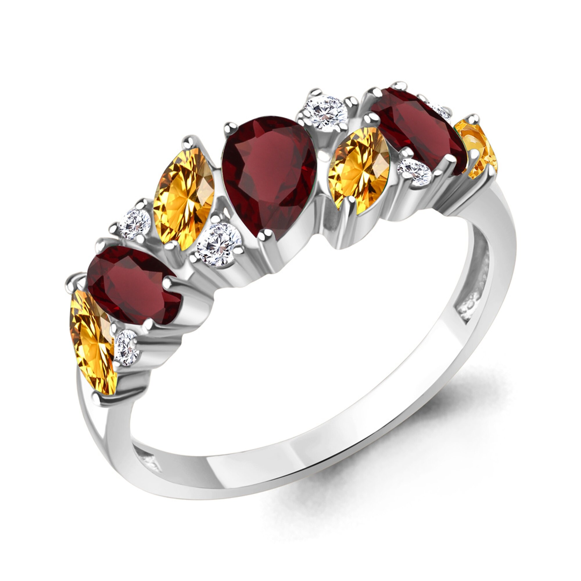 Кольцо, серебро, 925 проба, родирование, фианит, гранат, цитрин