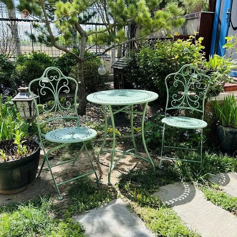 Набор садовой мебели для 2 персон, кованый металлический стол и стулья салатового цвета, для сада