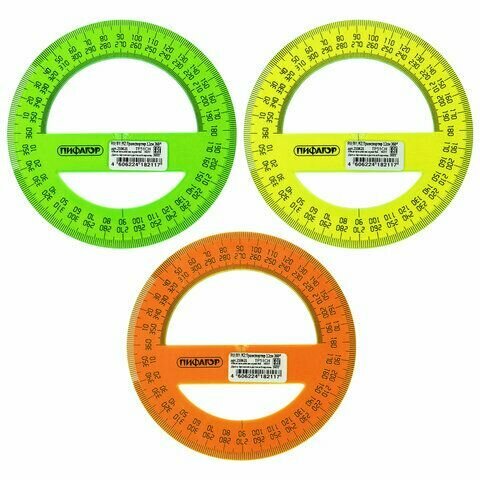 20 шт, Транспортир 12 см, 360 градусов, пифагор, прозрачный, неоновый, ассорти, 210621