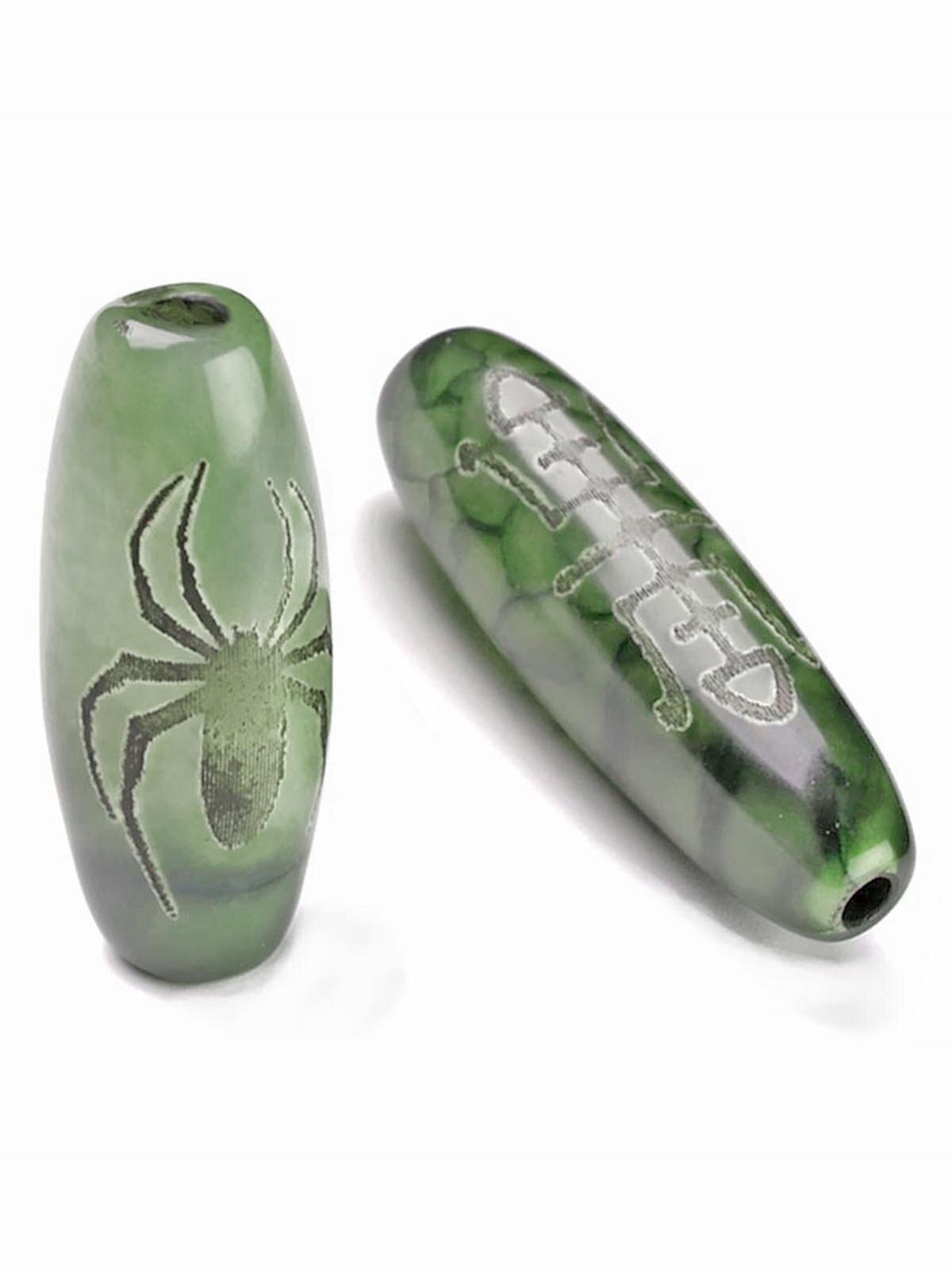 Бусина Дзи натуральный камень Агат серо-зеленый экзотика Счастье и Паук 0010879 цилиндр 30x12 мм, цена за 1 шт.