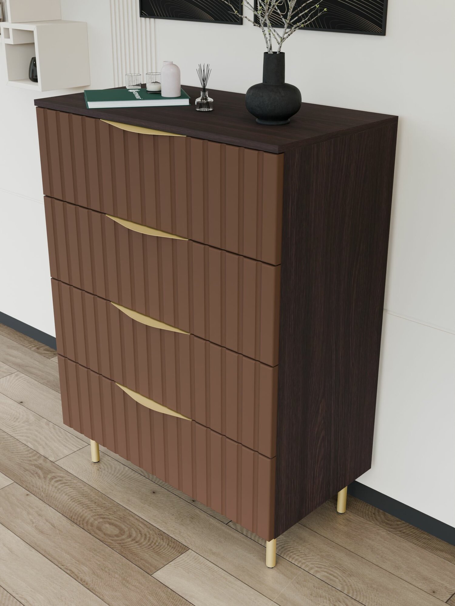 Изумлит Комод для белья и одежды вертикаль 4 ящика, 83.5х113.8х44.7 см, корпус-венге, фасад-коричневый матовый