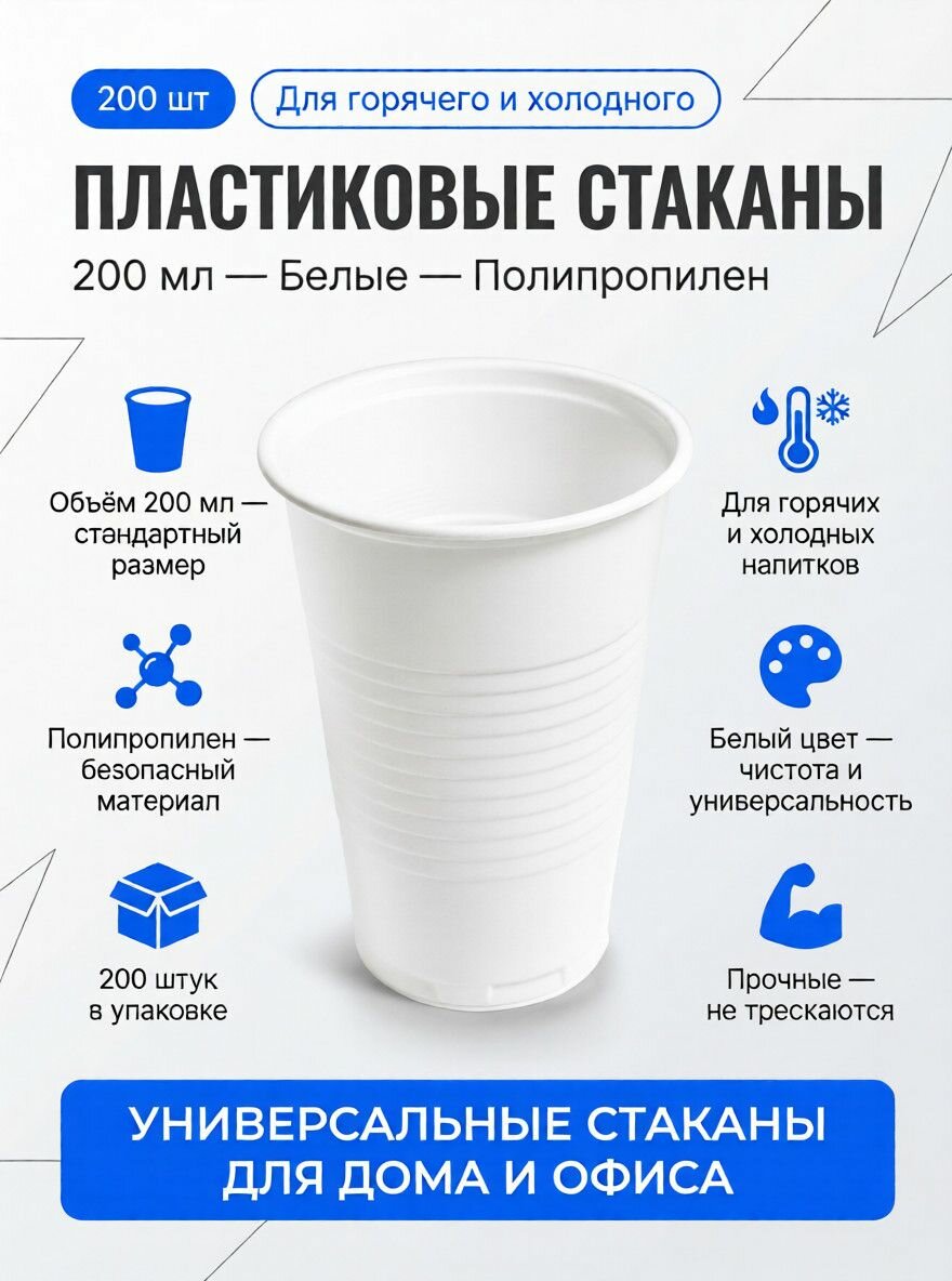 Пластиковые стаканы одноразовые 200мл, 200 штук, белые, полипропилен, для холодных и горячих напитков