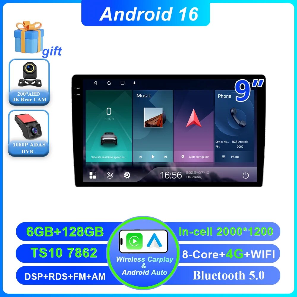 Автомагнитола Android 16 с CarPlay и Android Auto, GPS-мультимедийный плеер 2 DIN, универсальный, 9/10 дюймов, автомобильная стереосистема, WiFi-плеер, QLED-экран, Bluetooth