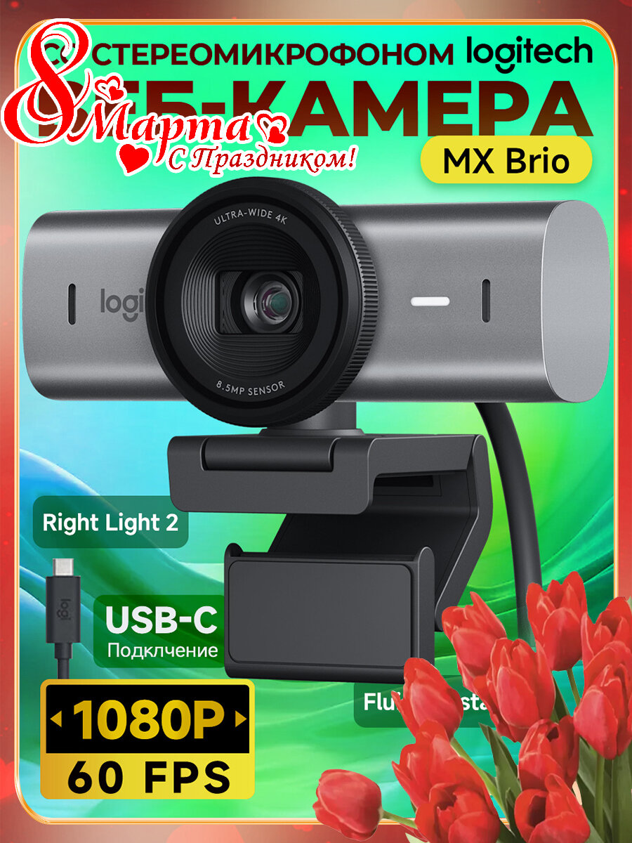Веб-камера Logitech MX Brio - Ultra HD 4K Webcam серый Graphite