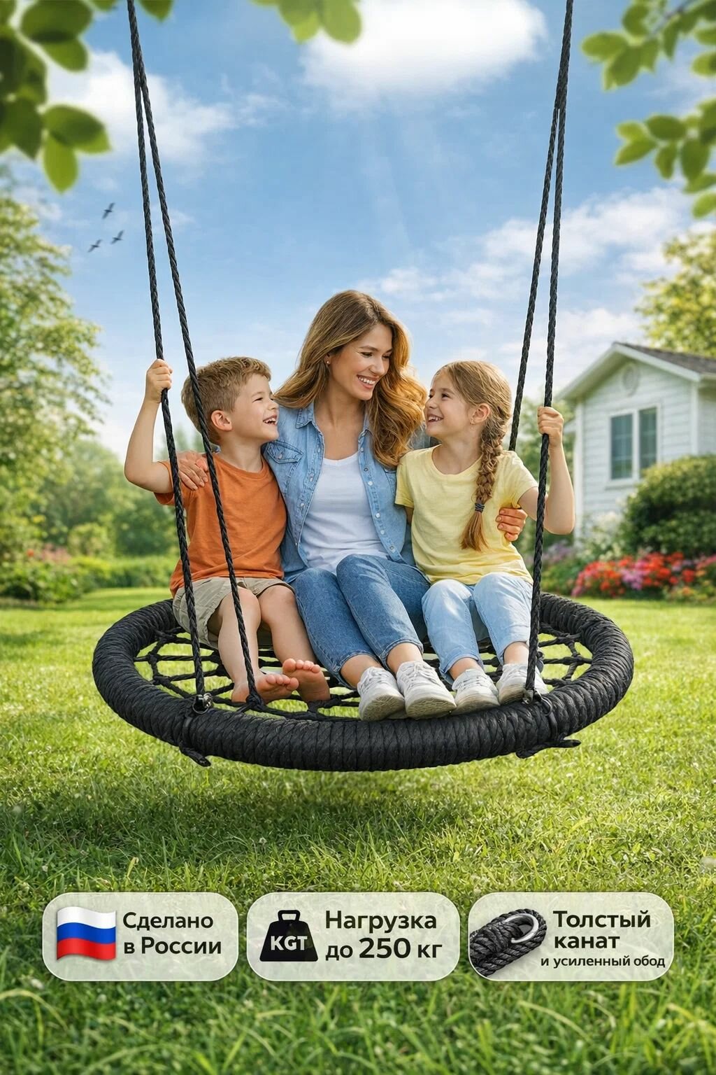 Детские Однотонные качели гнездо PREMIUM диаметр 120 см цвет Черный толщина каната 14 мм