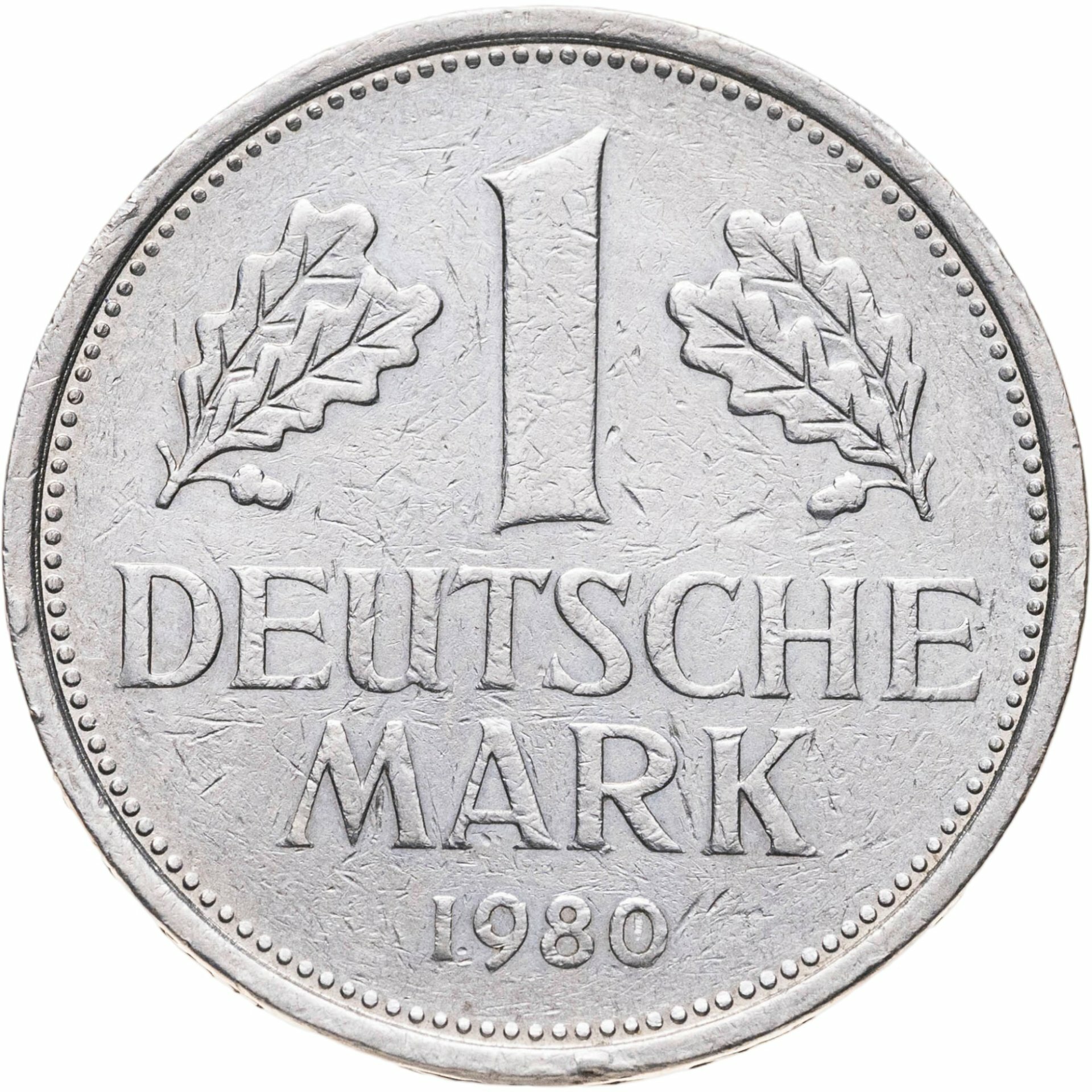 Германия 1 марка 1980, знак монетного двора: "J" - Гамбург, Мельхиор медь-никель, в сохранности VF