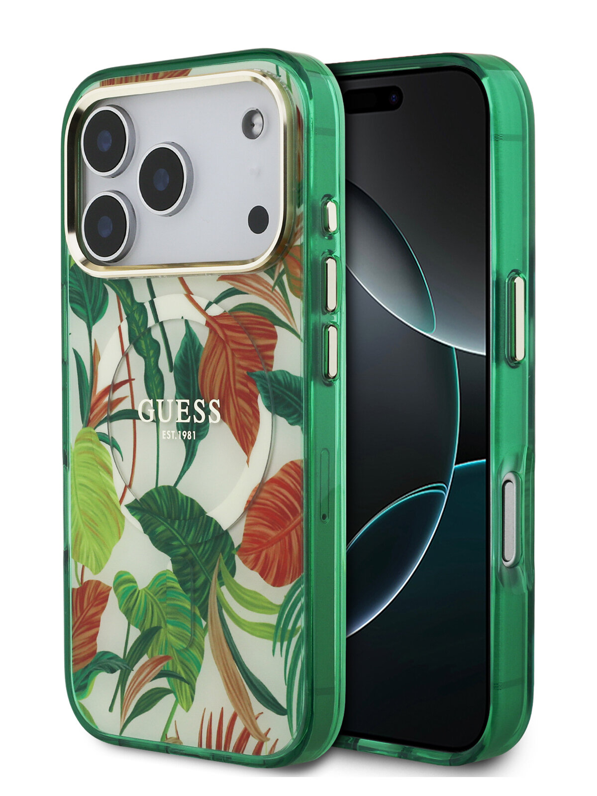 Чехол Guess на iPhone 17 Pro Max, с магнитами MagSafe, с принтом IML Jungle, зеленый