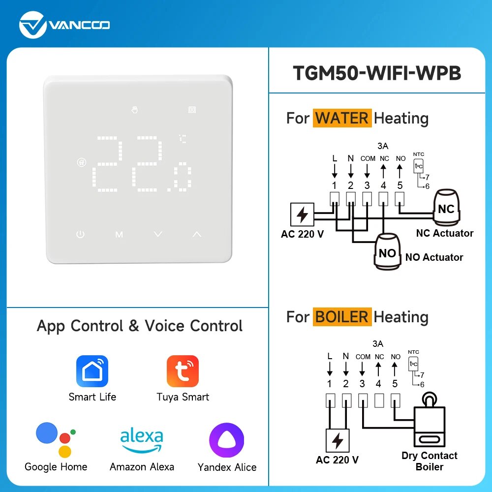 VANCOO Термостат TGM50-WIFI-WPB для котла и теплого пола
