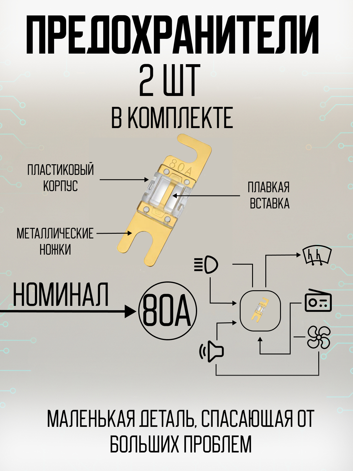 Предохранитель автомобильный 80А, комплект 2 шт, белый цвет, от замыкания