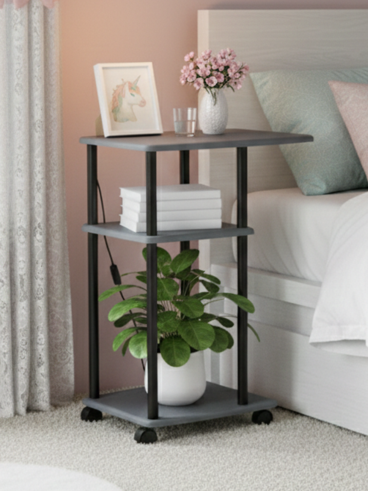 Придиванный столик на колесах K-home, МДФ/металл, графит, высота 72 см.