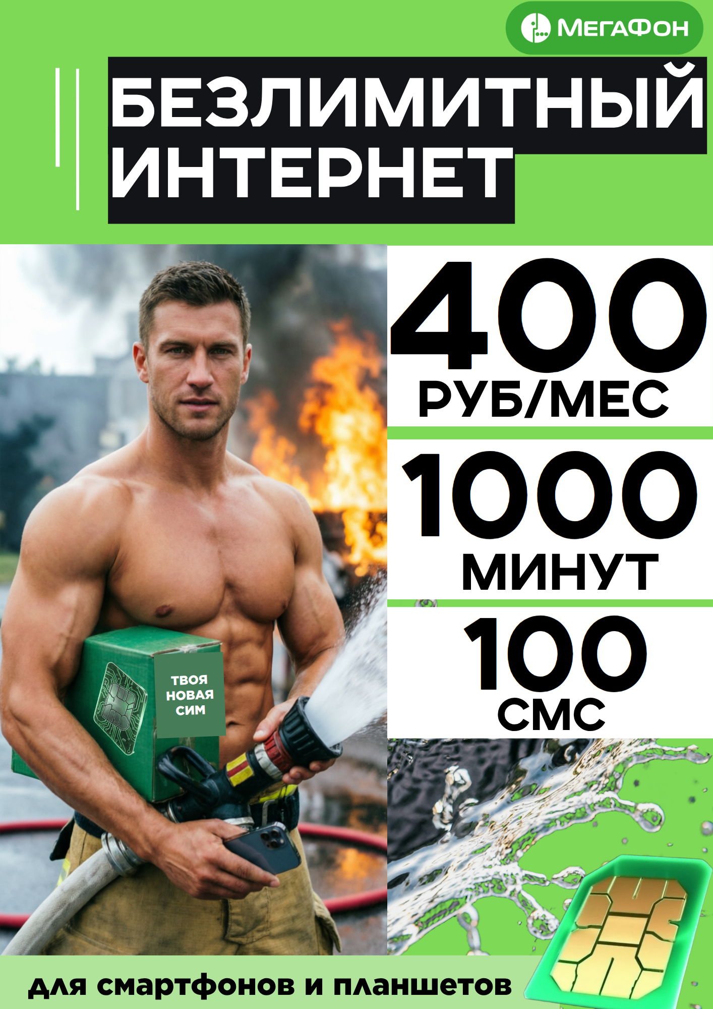 Сим карта Мегафон с безлимитным интернетом на максимальной скорости. 400руб/мес, 1000 мин