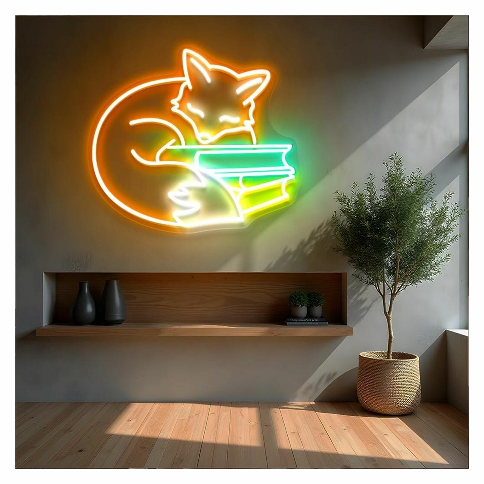 Неоновая Вывеска Лиса Спит На Книге Для Декора Стен 42смx48см