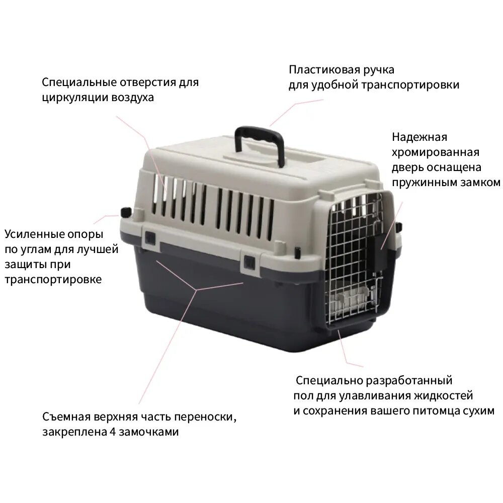 Переноска для кошек и собак, пластиковая, клиппер, для авиаперевозок, серая — фото 1