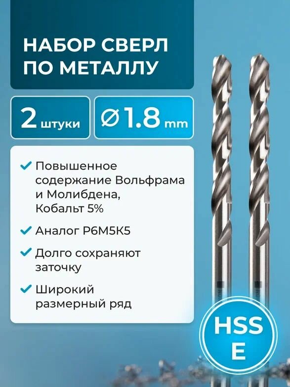 Набор сверл по металлу 1.8 мм 2 штуки NORGAU industrial спиральное из быстрорежущей HSS-E стали, DIN 338