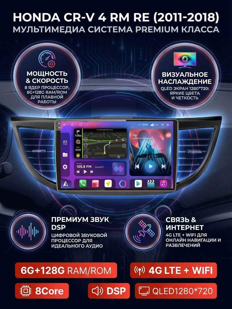 Штатная магнитола Хонда СРВ 4 (Honda CR-V 4 RM RE) 2011-2018 на Android 14, WiFi + 4G, CarPlay