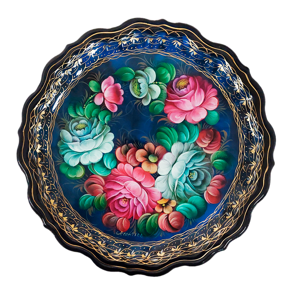 Поднос металлический, круглый "Цветочная геометрия", жостово 37см.