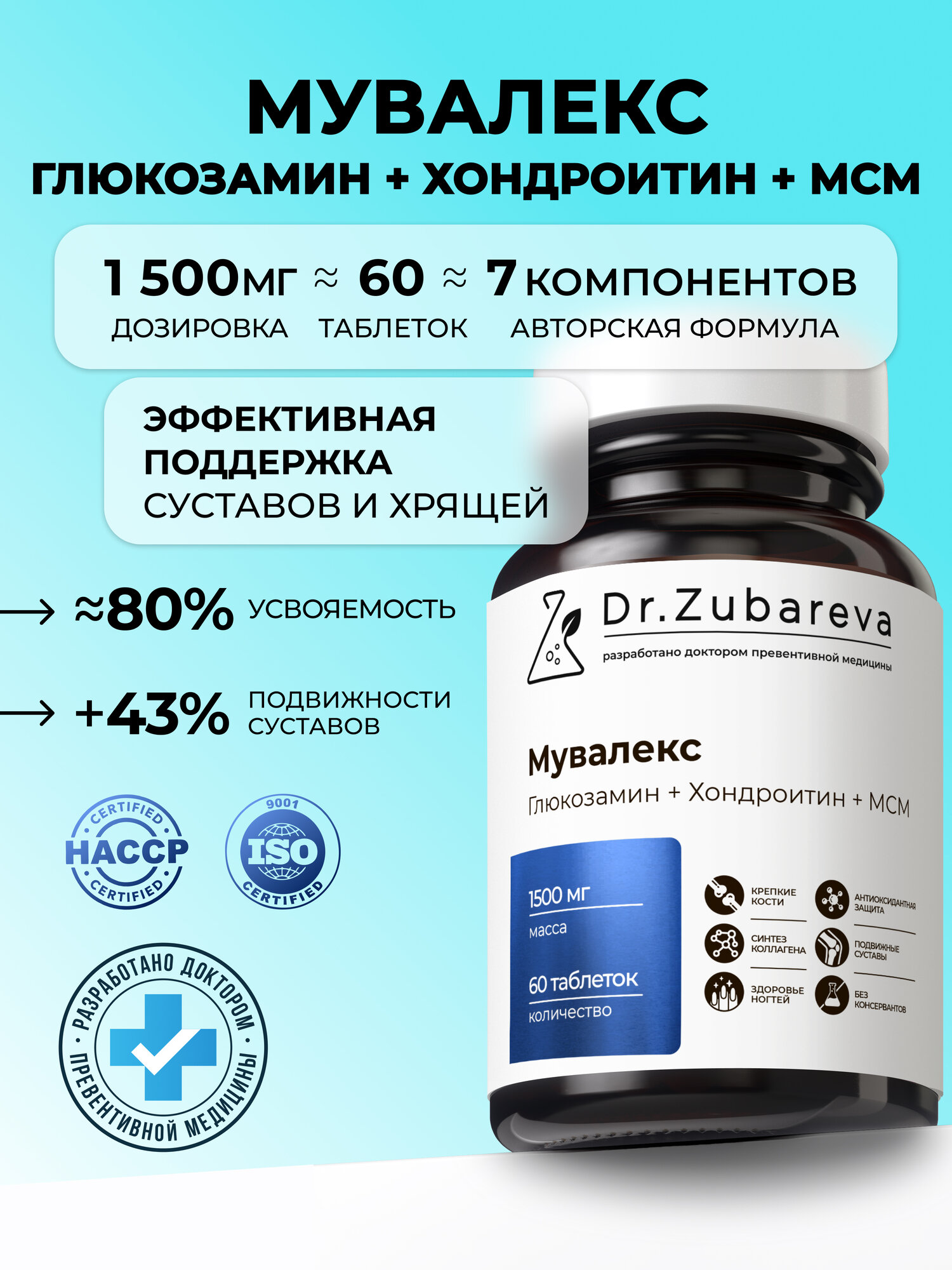 Мувалекс (Глюкозамин+Хондроитин+МСМ) Dr. Zubareva Muvalex витамины для связок и суставов.