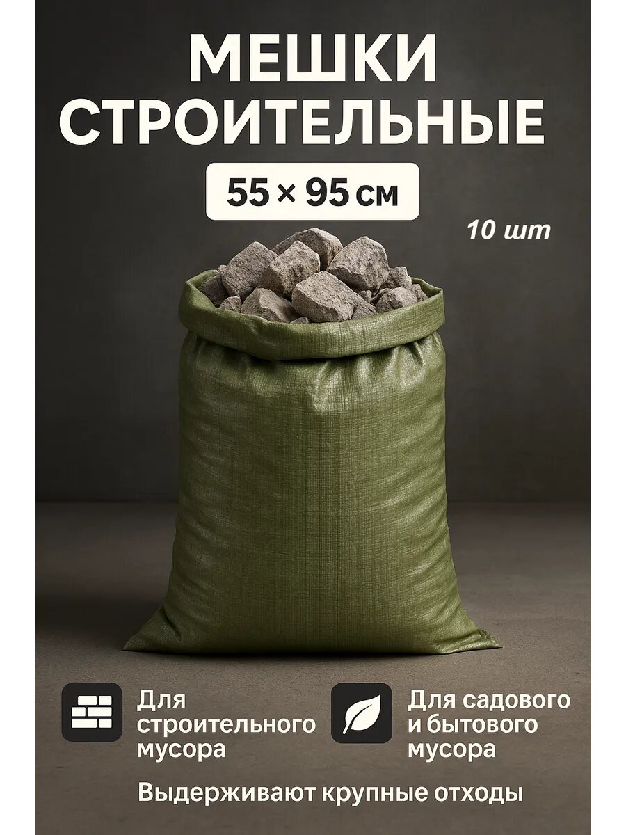 Мешки для строительного мусора 55х95 см 10шт зеленый