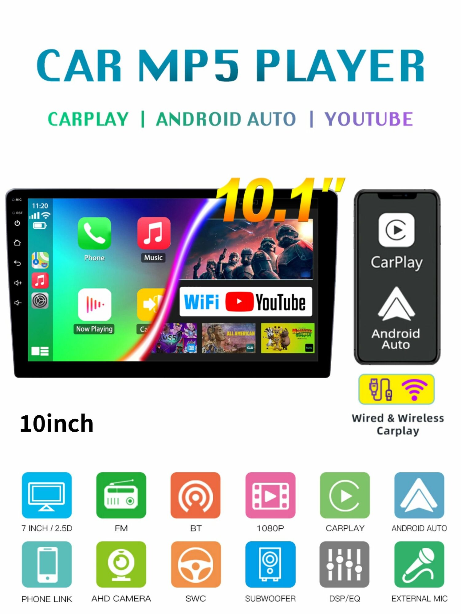 X-REAKO 10-inch Магнитола автомобильный проигрыватель MP5 32EQ, WiFi, 2 DIN