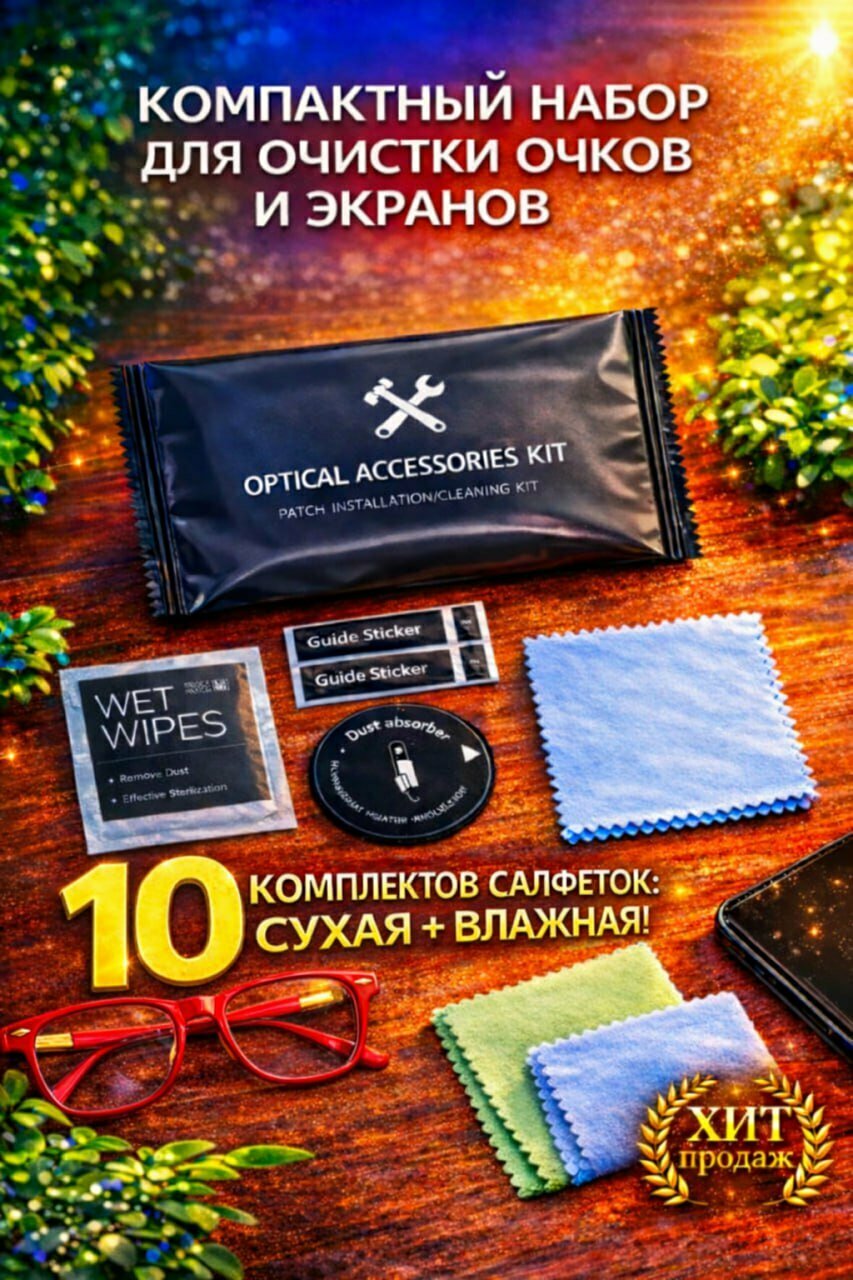 Набор Салфетки для очков и экранов из микрофибры 5х7см + влажные + стикер от пыли10 штук