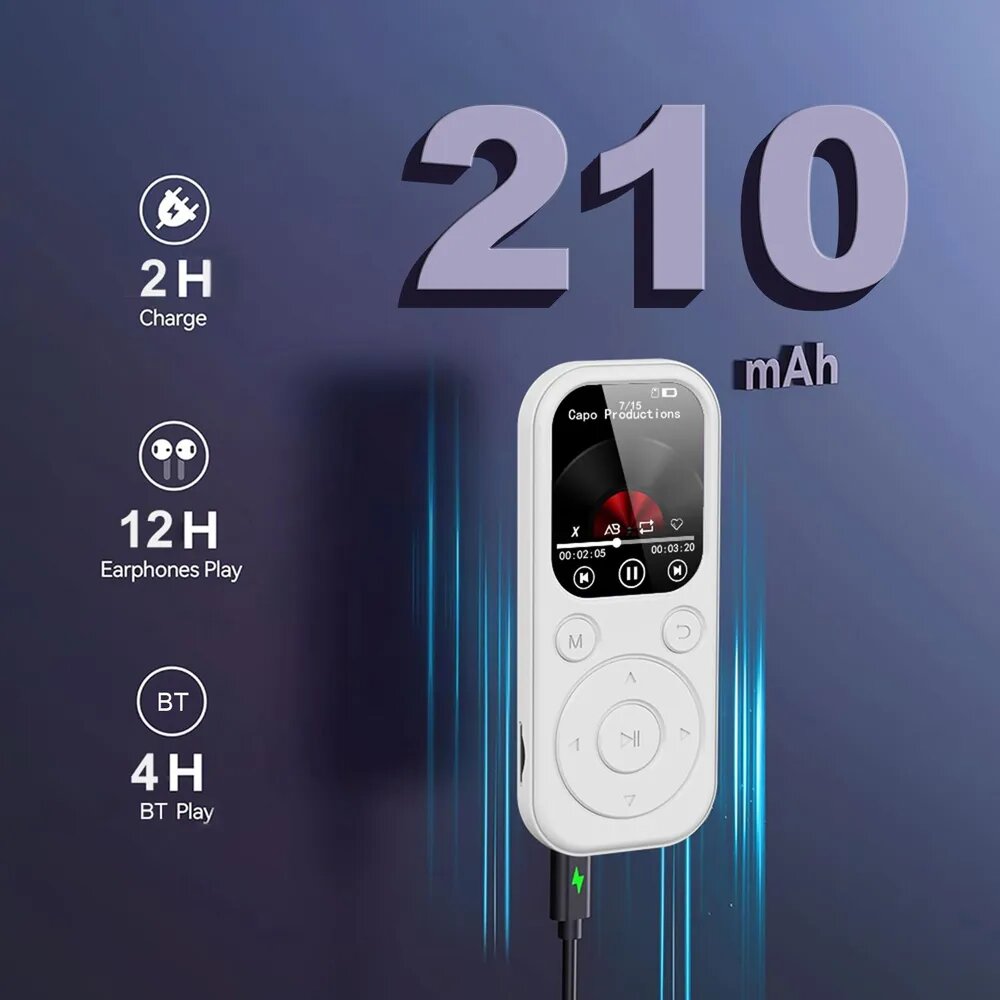 MP3-плеер портативный с экраном, белый, поддержка Bluetooth, micro SD, пластиковый корпус — фото 1