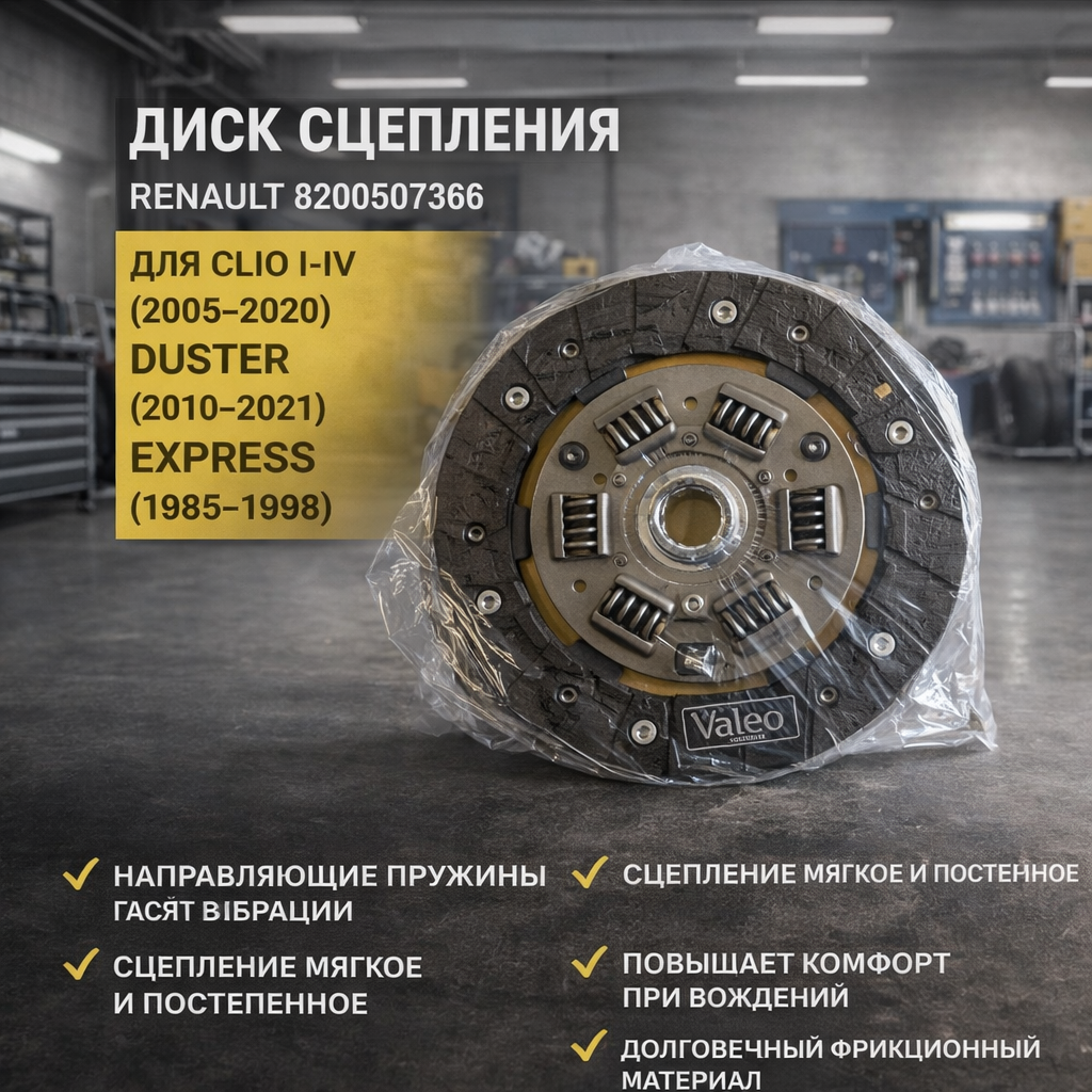 Диск сцепления Valeo 8200507366 Renault Clio I–IV, Duster, Express для механической коробки передач
