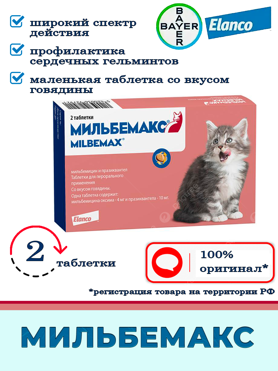Мильбемакс, таблетки от гельминтов со вкусом говядины для котят и маленьких кошек, 2 шт.