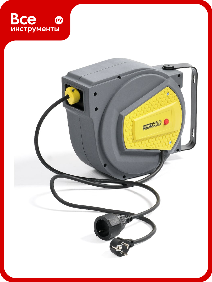 Катушка‑удлинитель KraftWell электрическая, профессиональная, с термовыключателем, защита IP20, для садовой техники