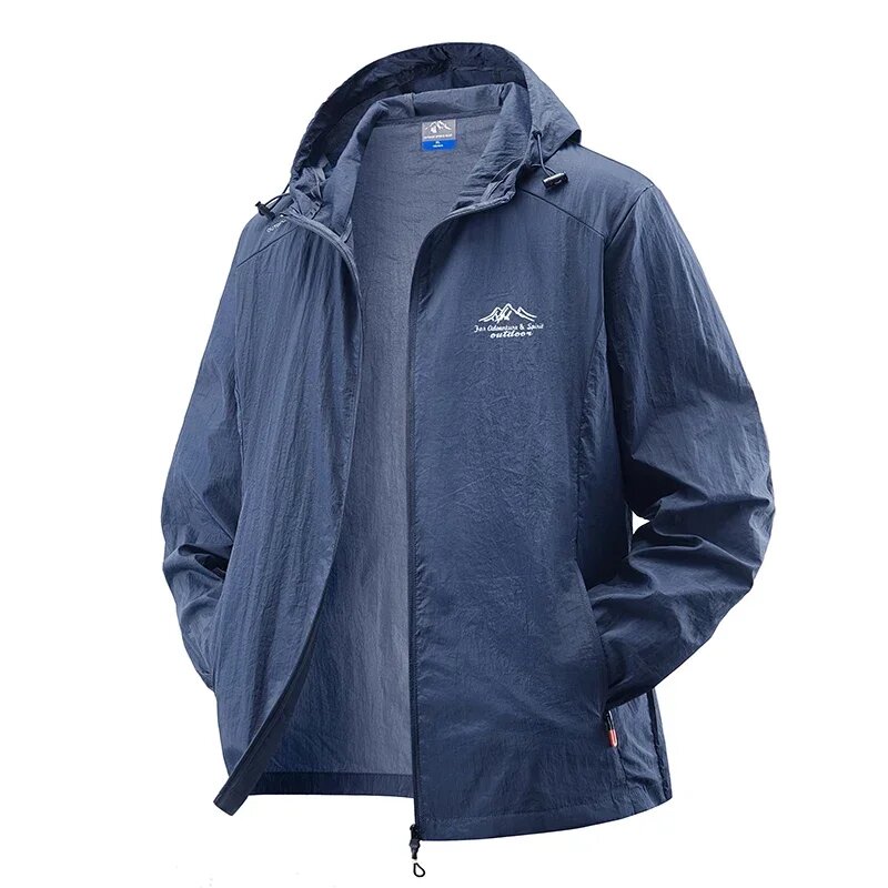 Мужская солнцезащитная куртка UPF 50+ — легкая уличная ветровка с капюшоном, дышащая и быстросохнущая для пеших прогулок, бега