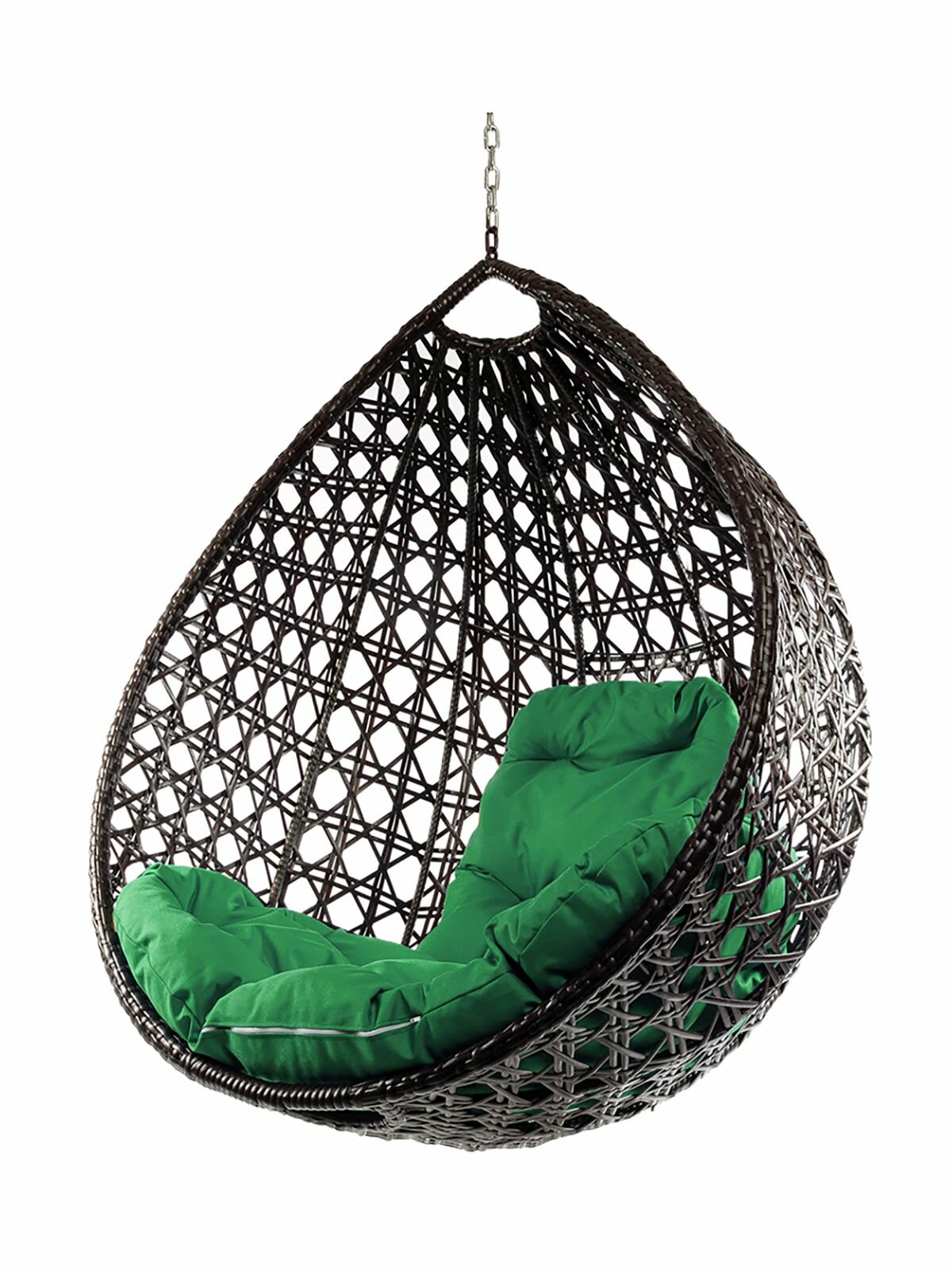 Подвесное кресло капля люкс (без стойки), с ротангом коричневое, зеленая подушка