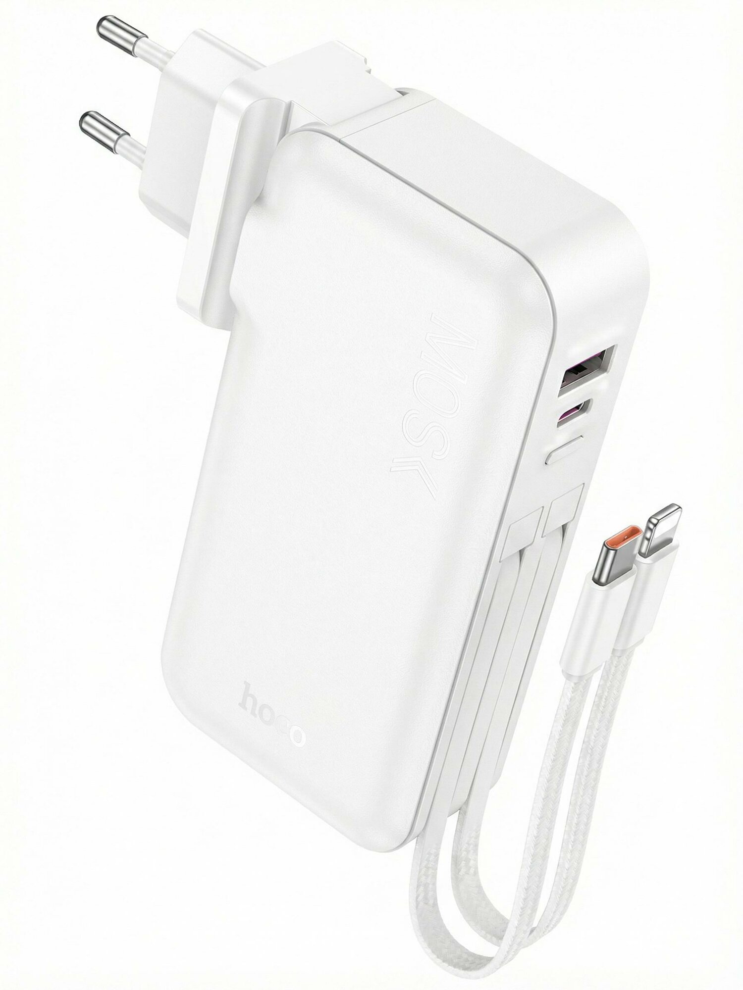 Powerbank Hoco J126 1USB/1C с шнуром Type-C/Lightning, 10000mAh, белый