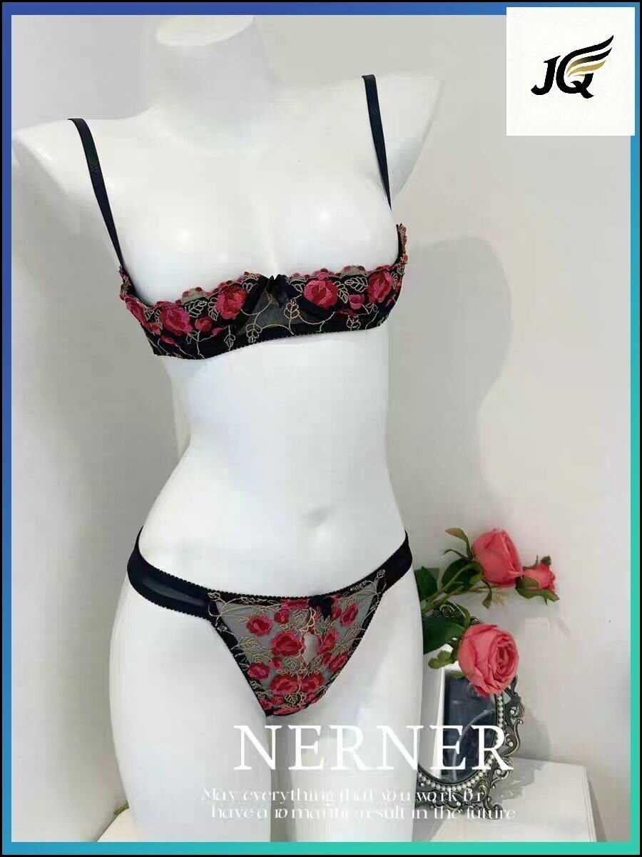 Сексуальное белье: Винтажный полу-поддерживающий вышитый бюстгальтер с открытой грудью и открытые штаны для соблазнения