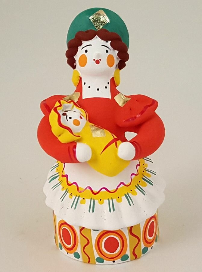 Барыня №1 с младенцем, Дымковская глиняная игрушка, ручная авторская работа