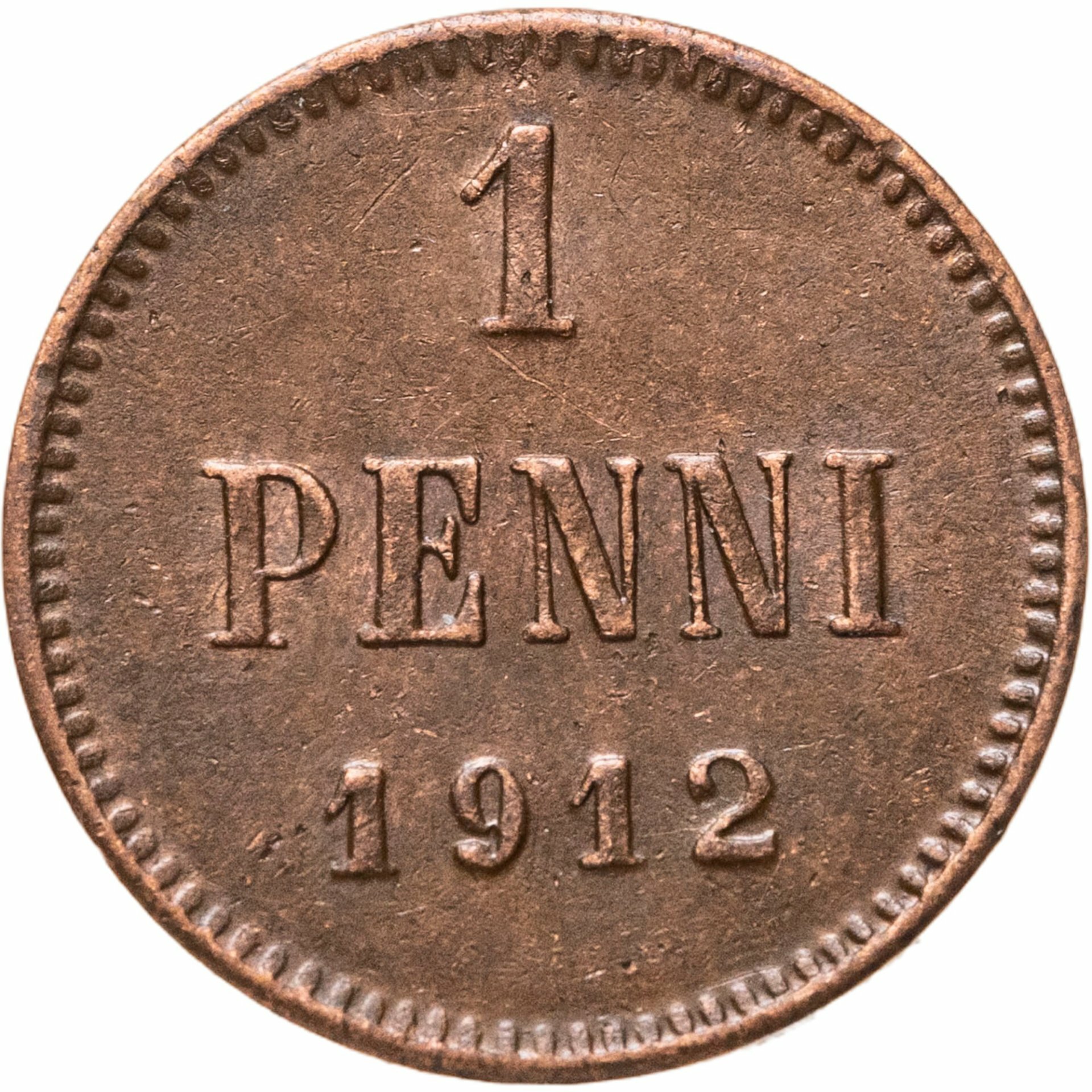 1 пенни penni 1912 Российская Финляндия, Медь, в сохранности XF-AU