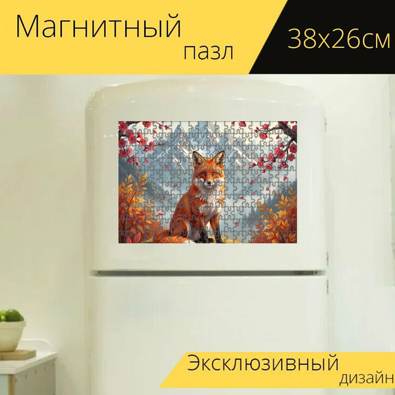 Магнитный пазл "Лиса среди цветущих ветвей. Рыжая лесная хищница на камне на фоне заснеженных вершин, туманных елей и алой сакуры. Цифровая иллюстрация в." для интерьера, 38х26 см.