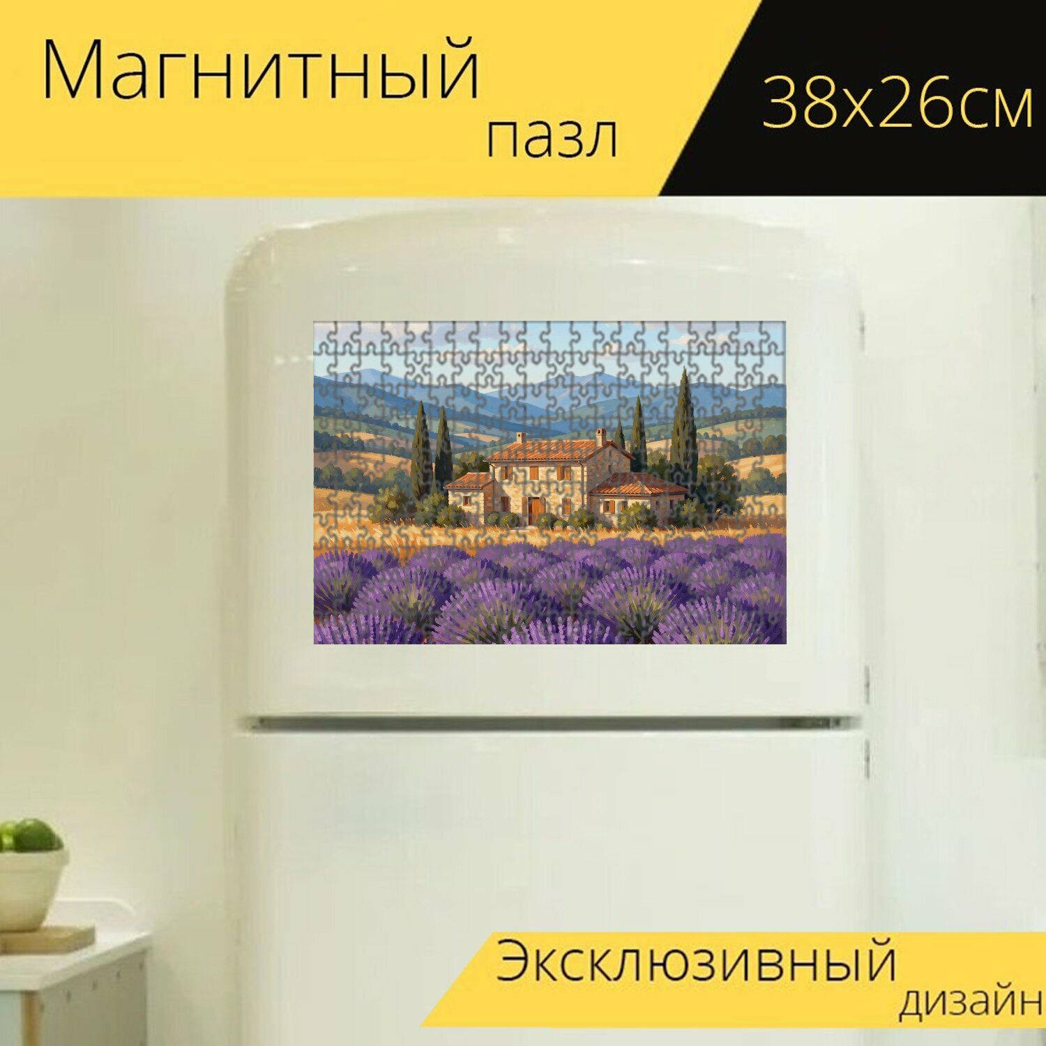 Магнитный пазл "Тосканский дом среди лаванды. Живописный сельский пейзаж в стиле масляной живописи: каменная вилла, лавандовое поле, кипарисы, холмы и горы." для интерьера, 38х26 см.