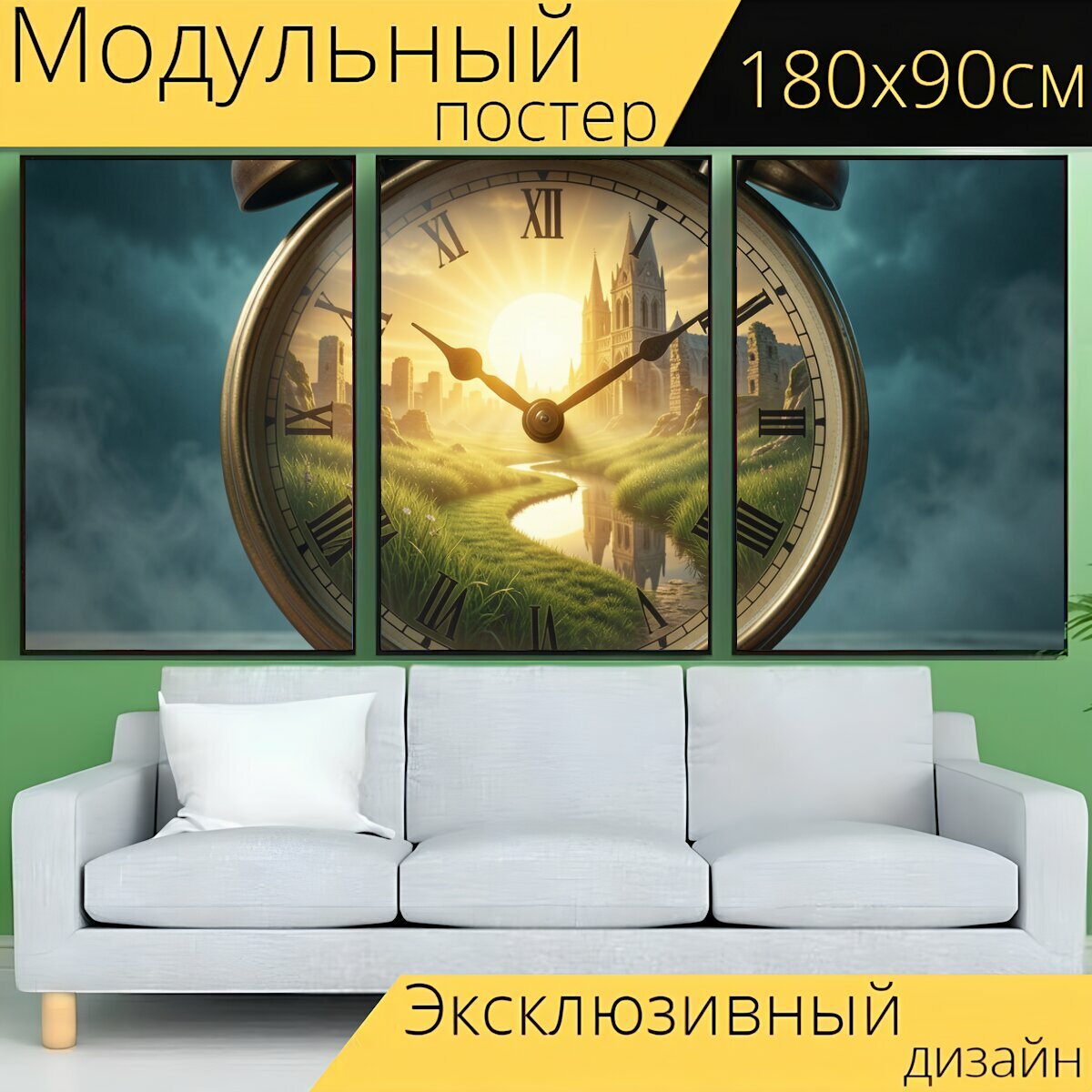 Модульный постер "Старинный будильник с фантазийным пейзажем. Винтажные часы с римскими цифрами, внутри циферблата — сказочная долина." 180 x 90 см. для интерьера на стену в тубусе