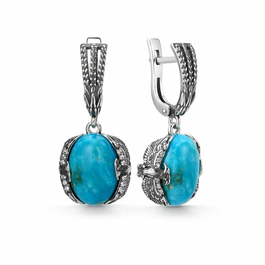 Серьги, серебро, 925 проба, оксидирование, бирюза, фианит
