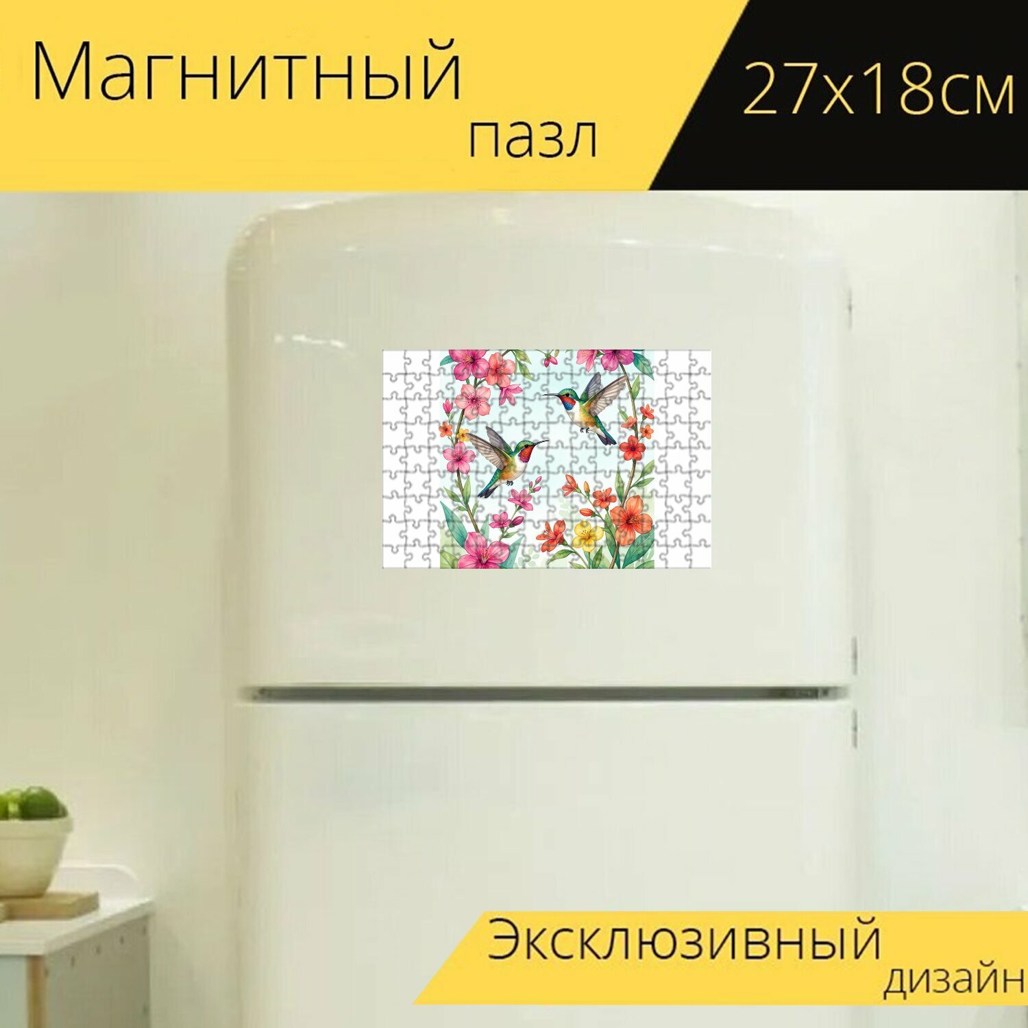 Магнитный пазл "Колибри среди цветущих ветвей. Нежная акварельная иллюстрация с двумя яркими птичками у розовых, коралловых и желтых бутонов. Весенняя." на холодильник 27 x 18 см.